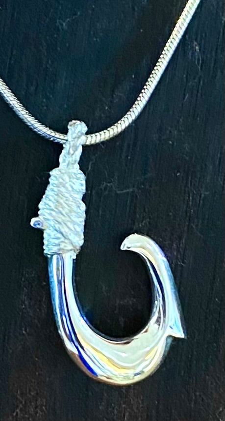 Island Fish Hook Pendant Sterling Silver Outside Barb 18” Silver Chain ...